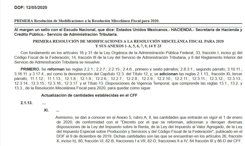Publicación de la Primera Resolución de Modificaciones a la Resolución Miscelánea Fiscal para ...